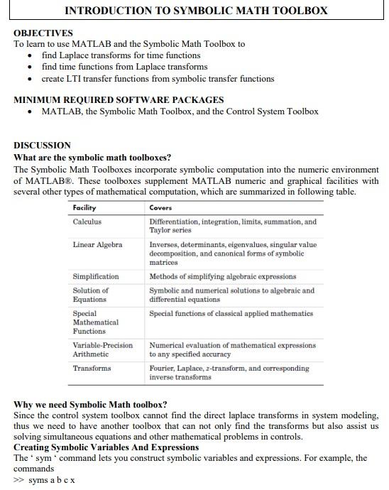 Solved INTRODUCTION TO SYMBOLIC MATH TOOLBOX OBJECTIVES To | Chegg.com