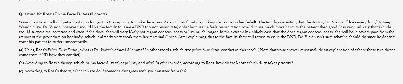 Solved Question #2: Ross’s Prima Facie Duties | Chegg.com