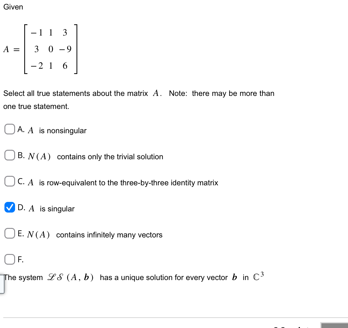 Solved Given A=⎣⎡−13−21013−96⎦⎤ Select all true statements | Chegg.com