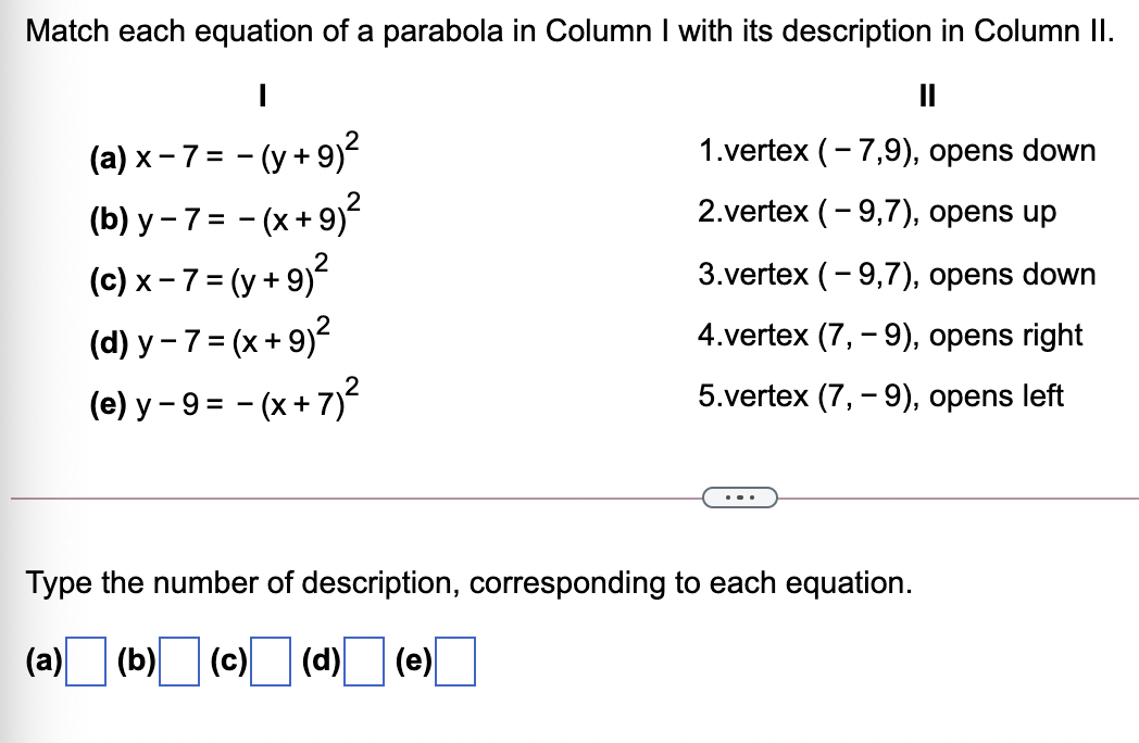 Solved Match each equation of a parabola in Column I with | Chegg.com