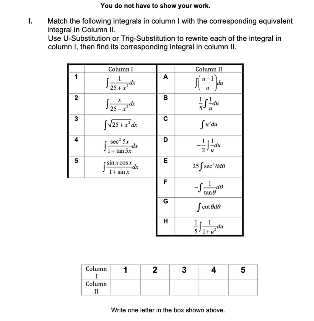 Solved You do not have to show your work. I. Match the | Chegg.com