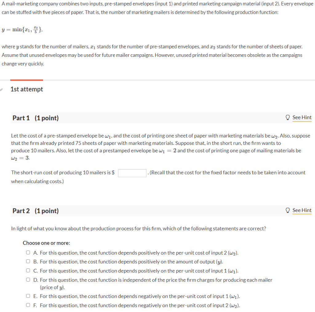 Solved A mail-marketing company combines two inputs, | Chegg.com