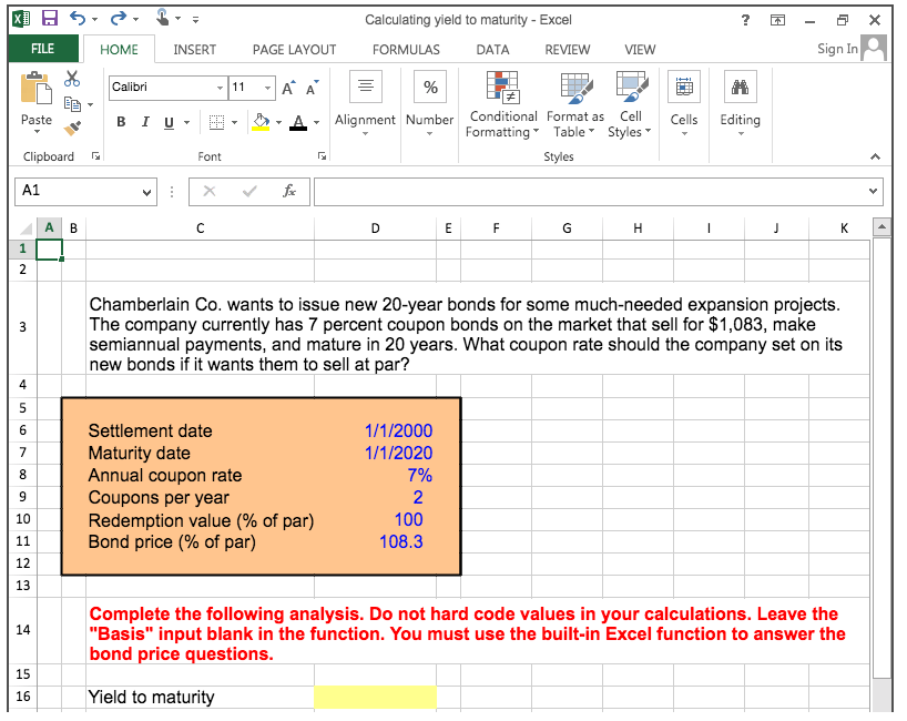 Solved Calculating a bond price - Excel ? 5 X FILE HOME | Chegg.com