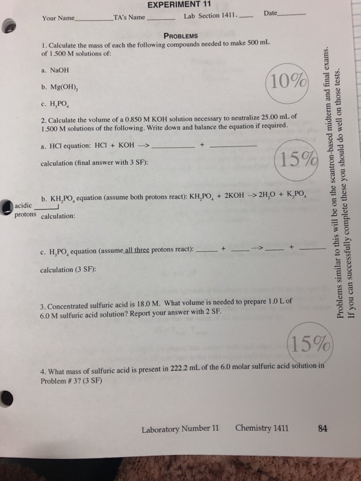 Solved EXPERIMENT 11 Name Lab Section 1411 PROBLEMS Date | Chegg.com