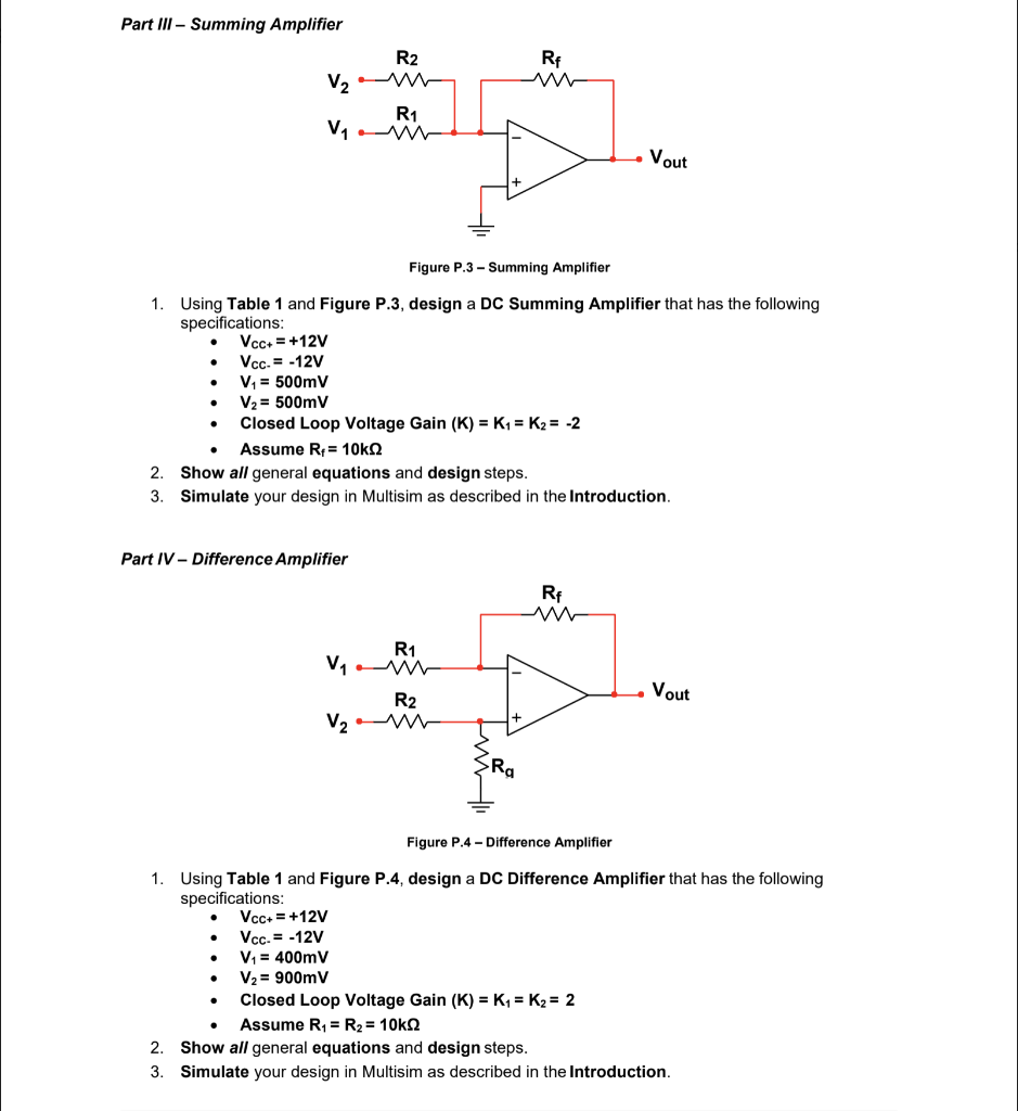Solved Part III - Summing Amplifier R2 Rf R1 VW Vout Figure | Chegg.com