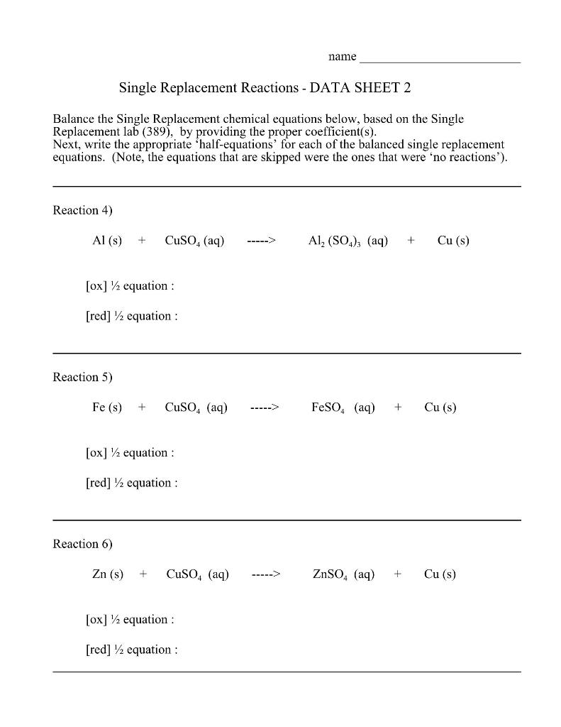 Solved name Single Replacement Reactions - DATA SHEET 2 | Chegg.com