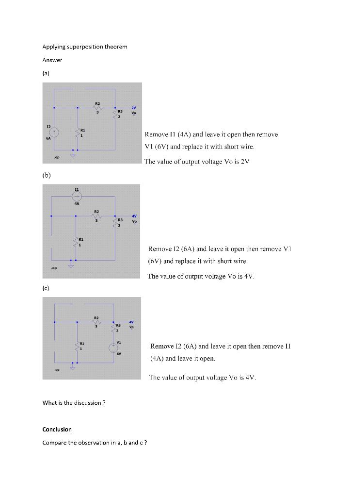 Solved Applying superposition theorem Answer (a) Remove I1 | Chegg.com