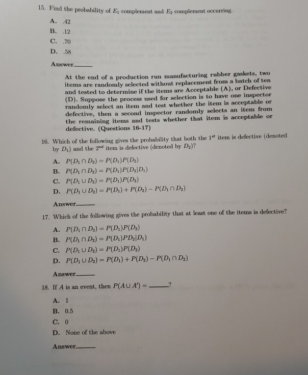 Solved 15. Find the probability of Ei complement and E, | Chegg.com