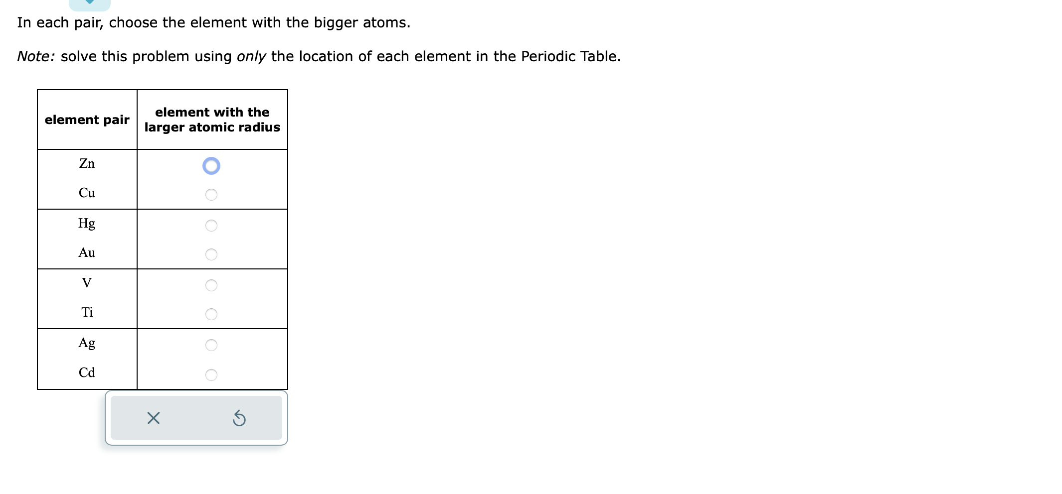 Solved In each pair, choose the element with the bigger | Chegg.com