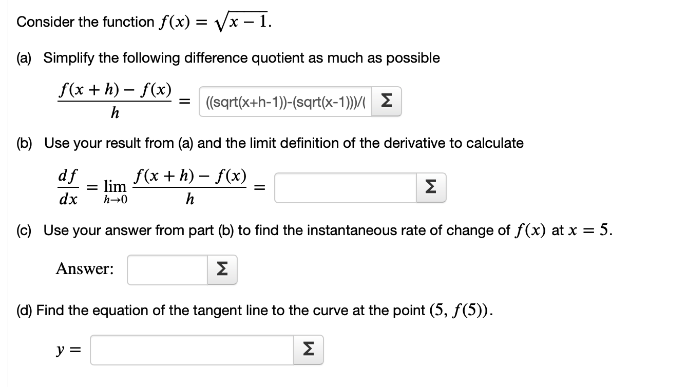 Solved Consider the function f(x) = Vx – 1. (a) Simplify the | Chegg.com