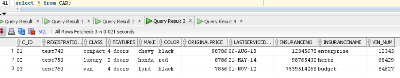 41 select * from CAR; Query Result x Query Result 1 x | Chegg.com