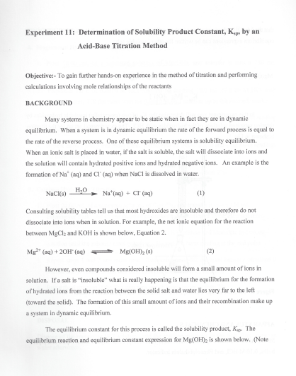 Solved Experiment 11: Determination of Solubility Product | Chegg.com