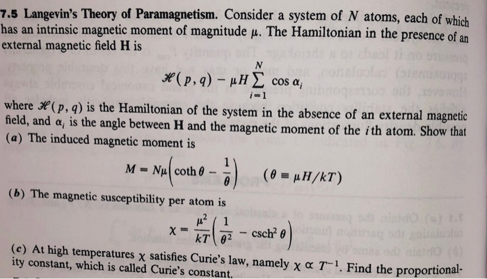 Solved 7.5 Langevin's Theory of Paramagnetism. Consider a | Chegg.com