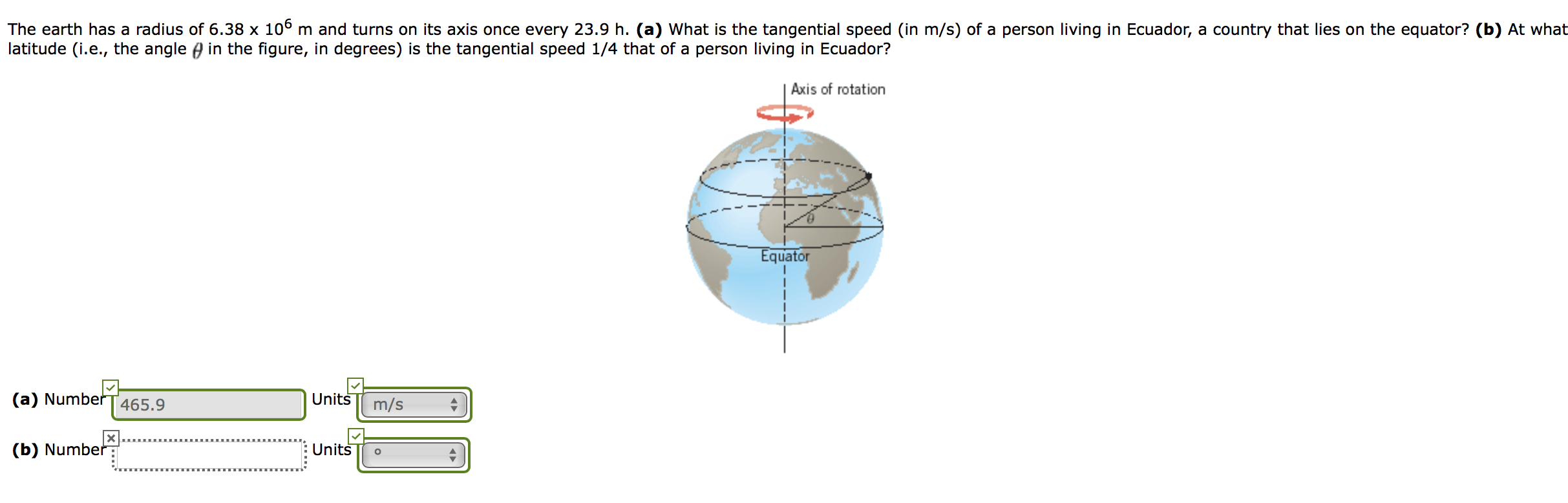 Solved The earth has a radius of 6.38 x 106 m and turns on | Chegg.com
