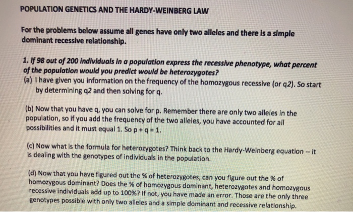 Solved POPULATION GENETICS AND THE HARDY-WEINBERG LAW For | Chegg.com
