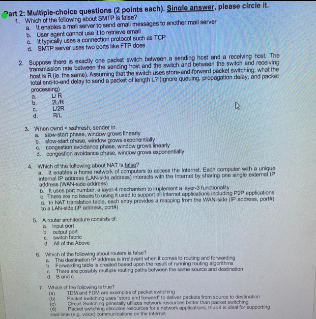 Solved Part 2: Multiple-choice questions (2 points each). | Chegg.com