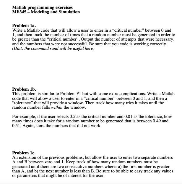 Matlab programming exercises ME345 - Modeling and | Chegg.com