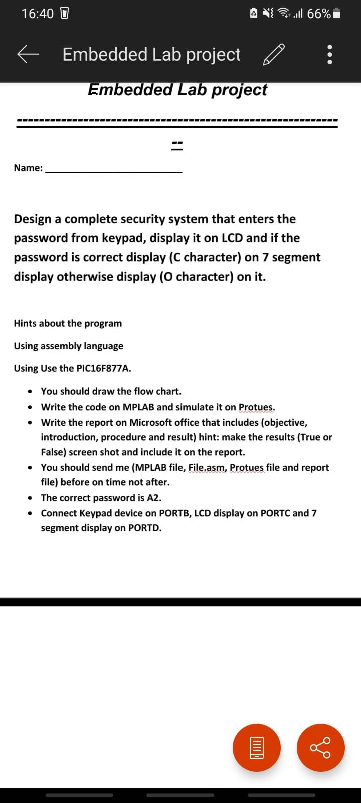 Solved 16:40 O ت%66 ال ج } ه Embedded Lab project Embedded | Chegg.com