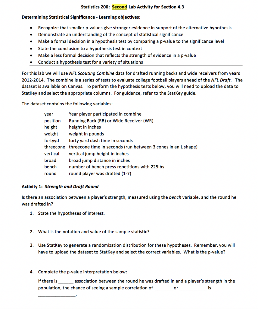 Statistics 200: Second Lab Activity for Section 4.3 | Chegg.com