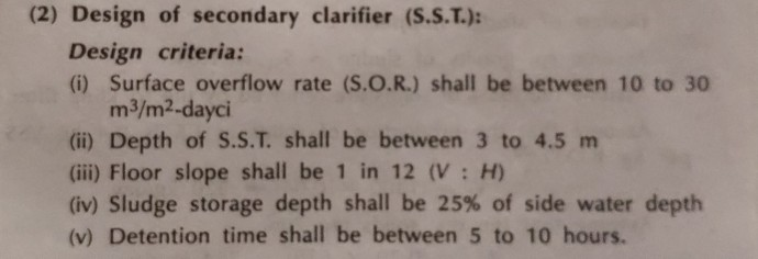 Solved (2) Design of secondary clarifier (S.S.T.): Design | Chegg.com