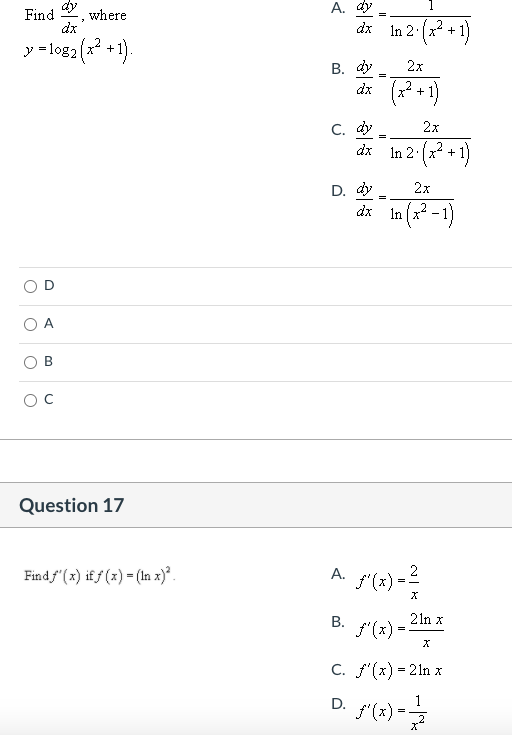 Solved dy Find where 2 A. dy dx in 2(x2 + y = log2 (x2 +1). | Chegg.com