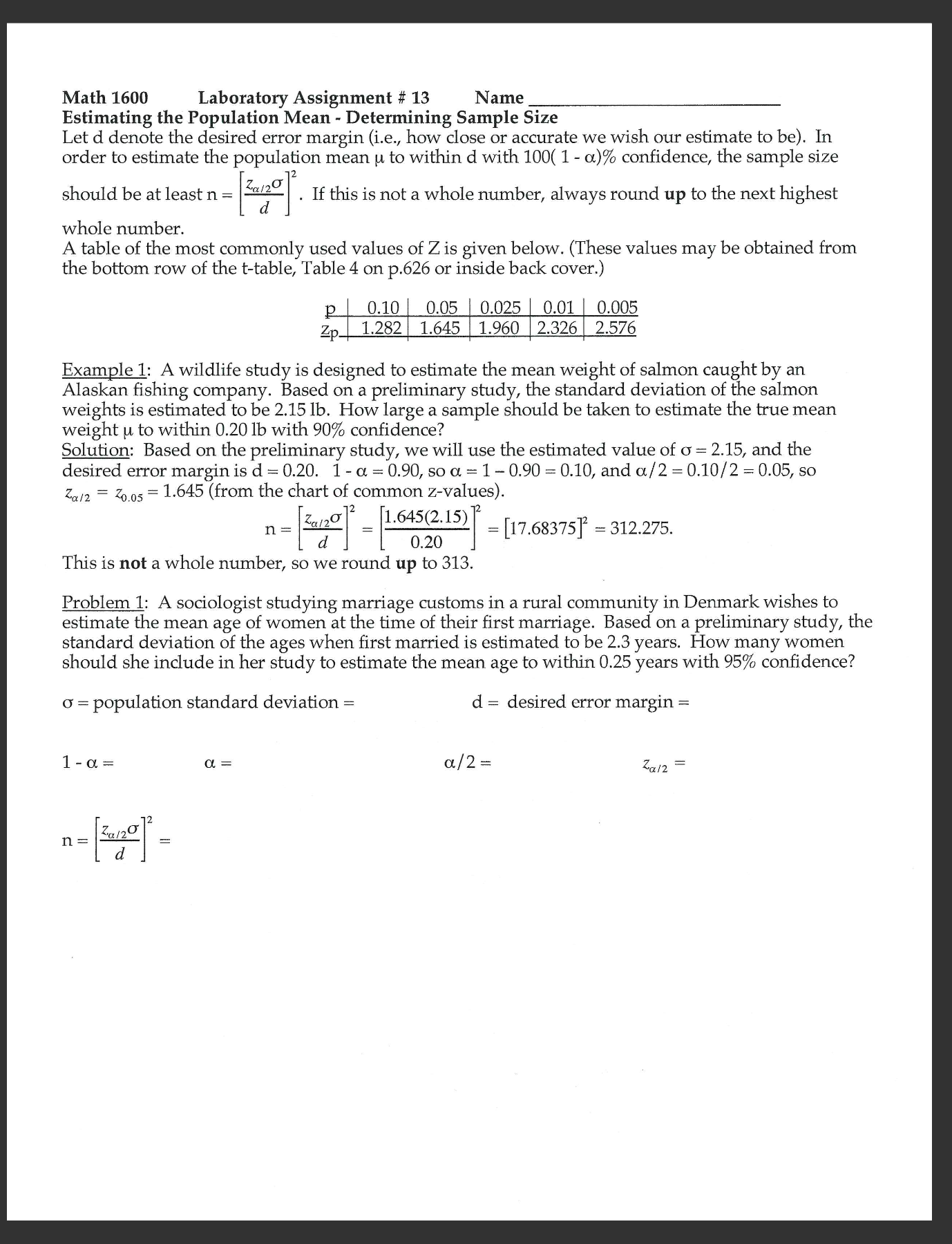 Solved Math 1600 Laboratory Assignment \# 13 Name Estimating | Chegg.com