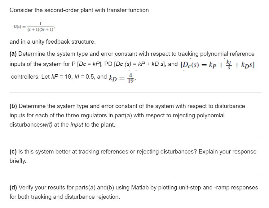 Solved Consider the second-order plant with transfer | Chegg.com