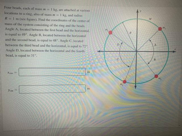 Solved M Four beads, each of mass m = 1 kg, are attached at | Chegg.com