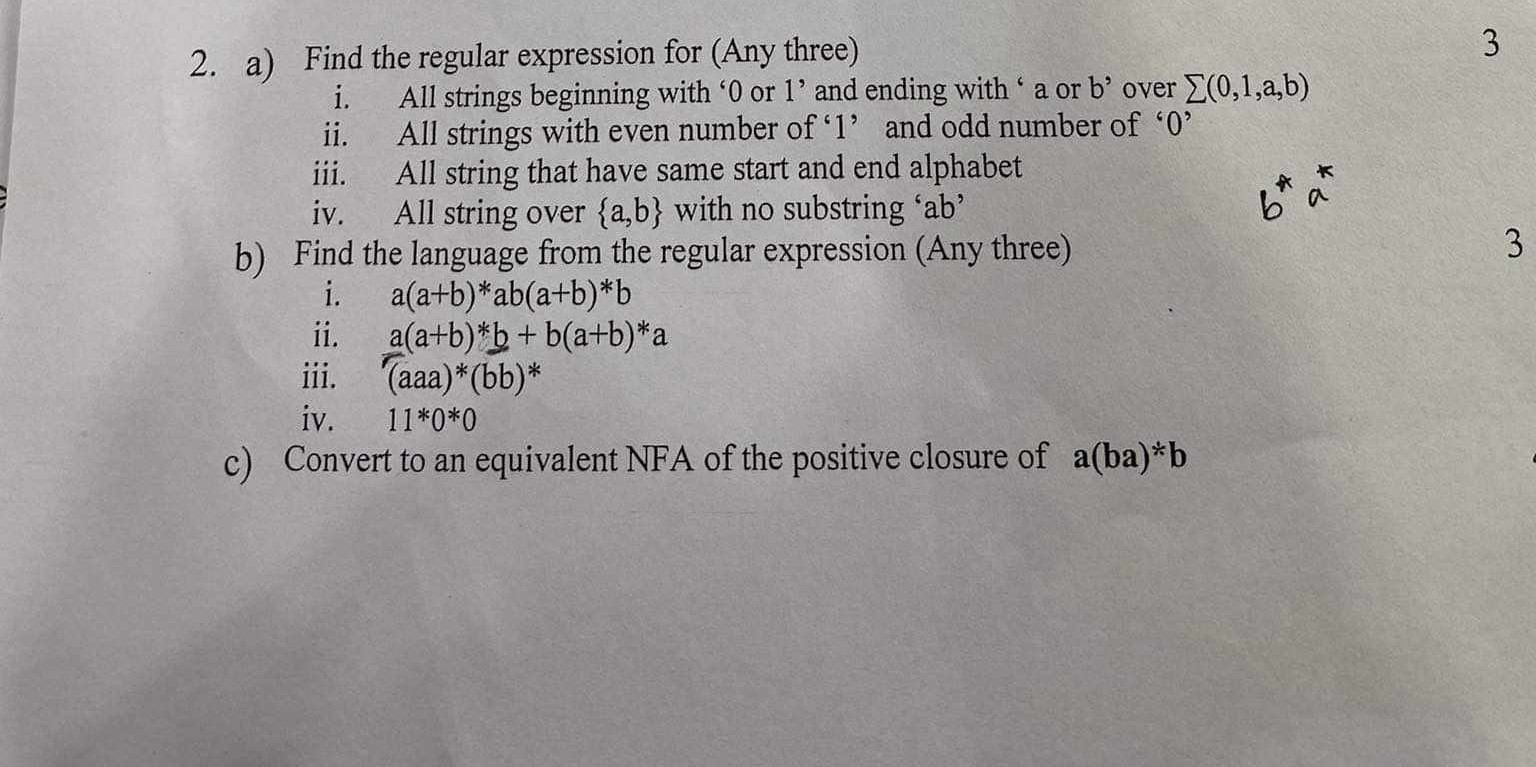 Solved 2. a) Find the regular expression for (Any three) i. | Chegg.com