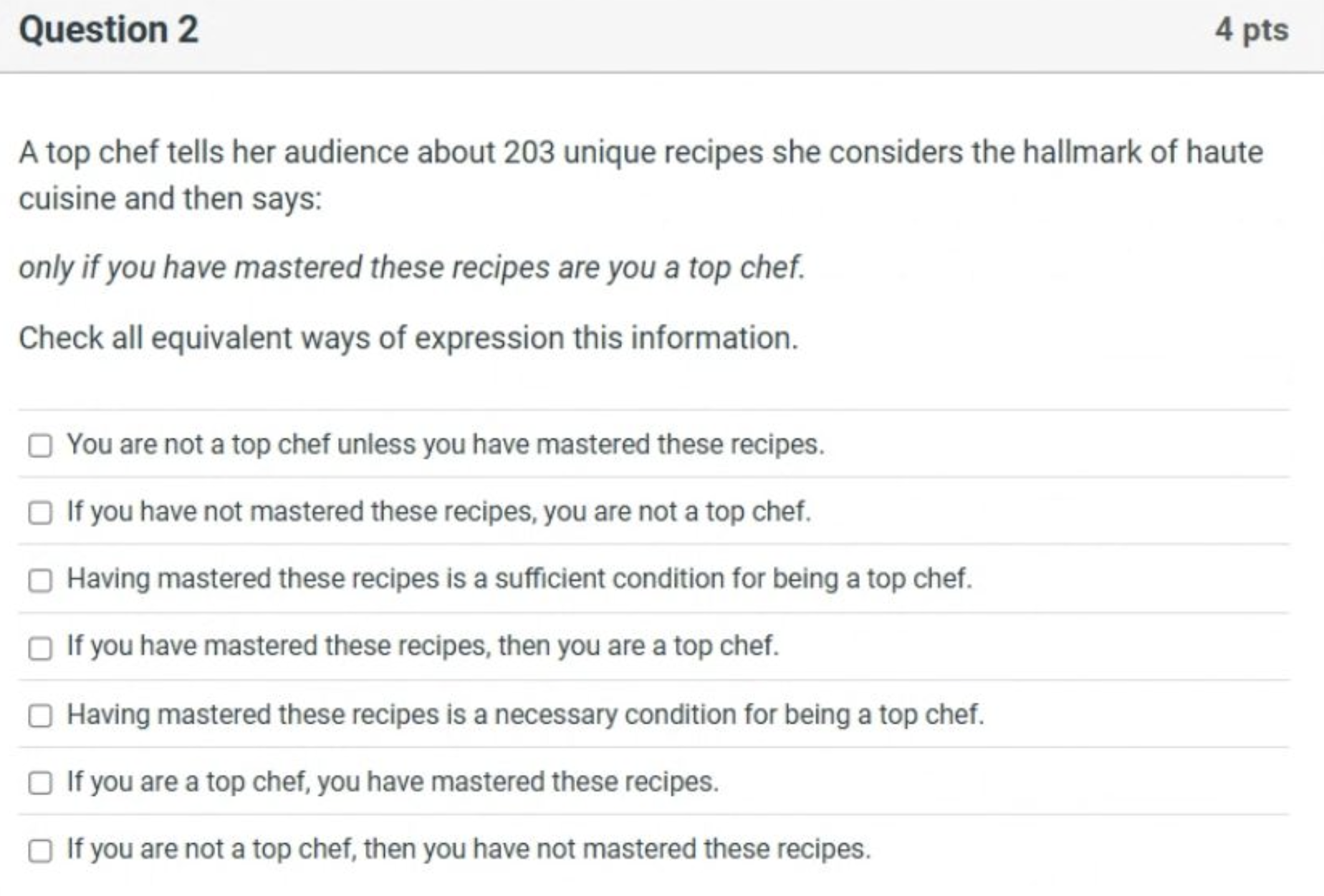 Solved Question 2A top chef tells her audience about 203 | Chegg.com