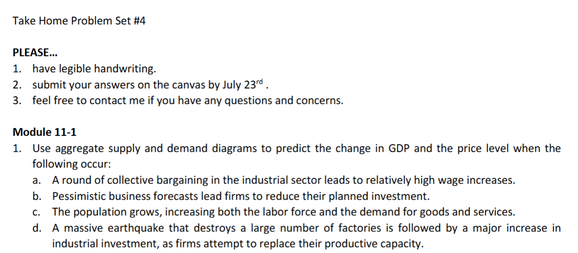 Solved Take Home Problem Set 4please Have Legible