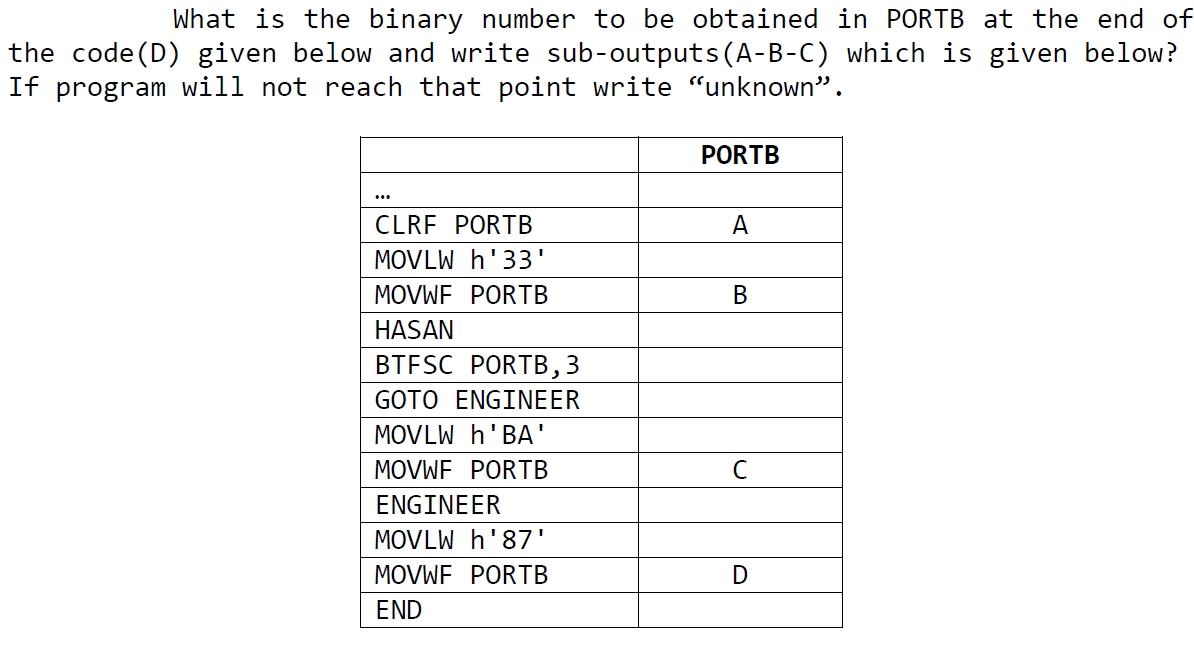 Solved What is the binary number to be obtained in PORTB at | Chegg.com