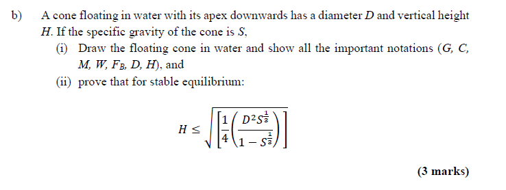 Solved b) A cone floating in water with its apex downwards | Chegg.com