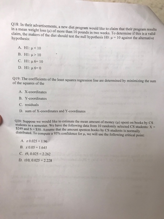 Solved Q18: In their advertisements, a new diet program | Chegg.com