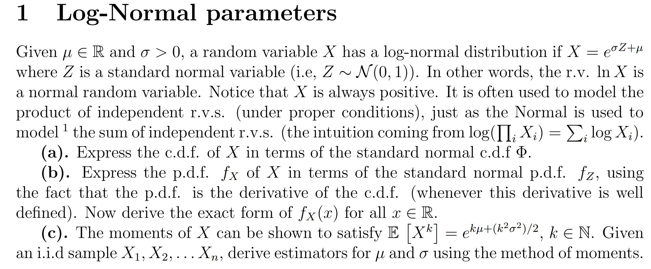Solved 1 Log-Normal parameters Given u ER and o > 0, a | Chegg.com