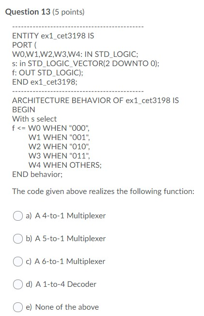 Solved Question 13 (5 points) ENTITY ex1 cet3198 IS PORT | Chegg.com