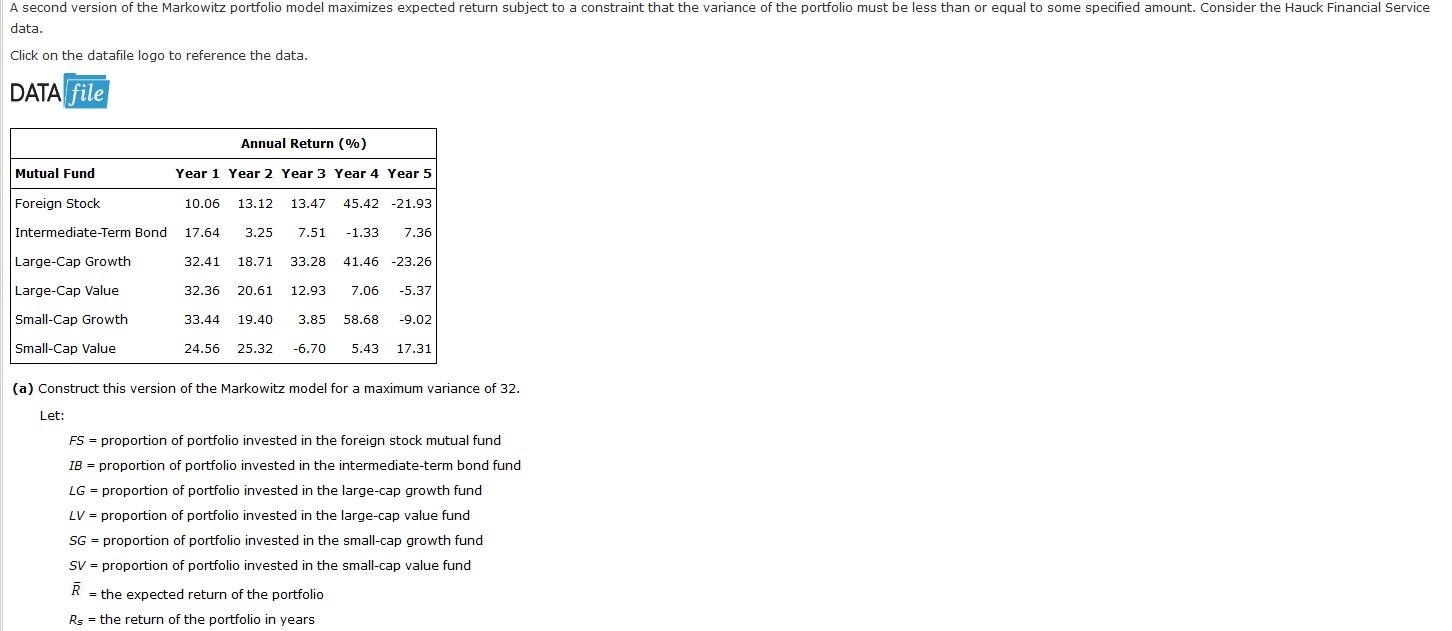 A second version of the Markowitz portfolio model | Chegg.com
