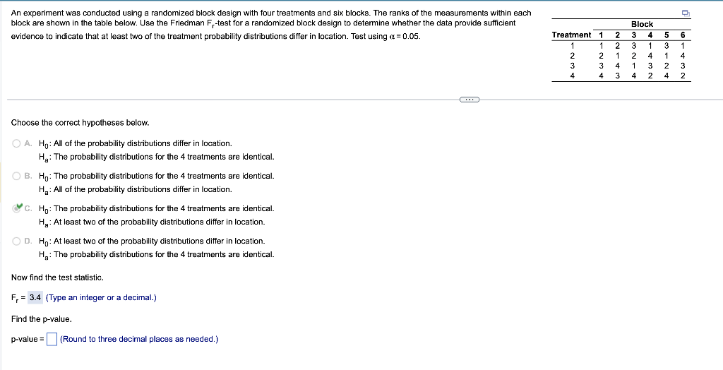 Solved An experiment was conducted using a randomized block | Chegg.com