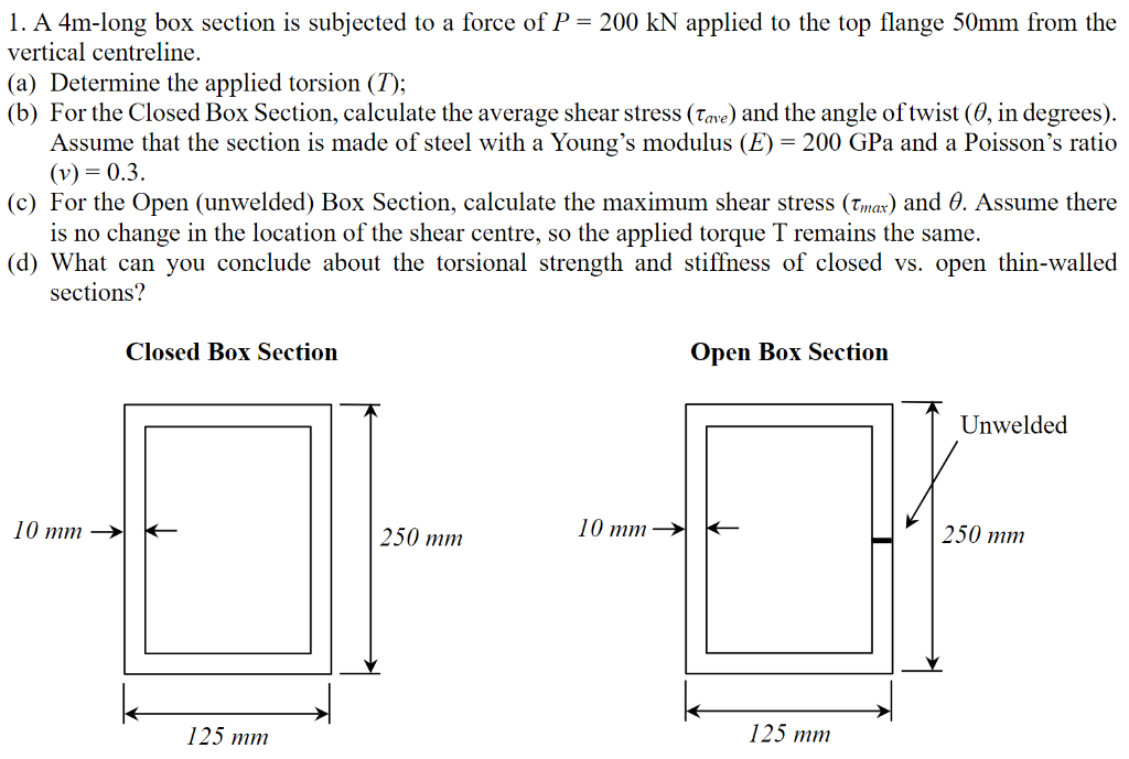 Solved 1. A 4m-long box section is subjected to a force of P | Chegg.com