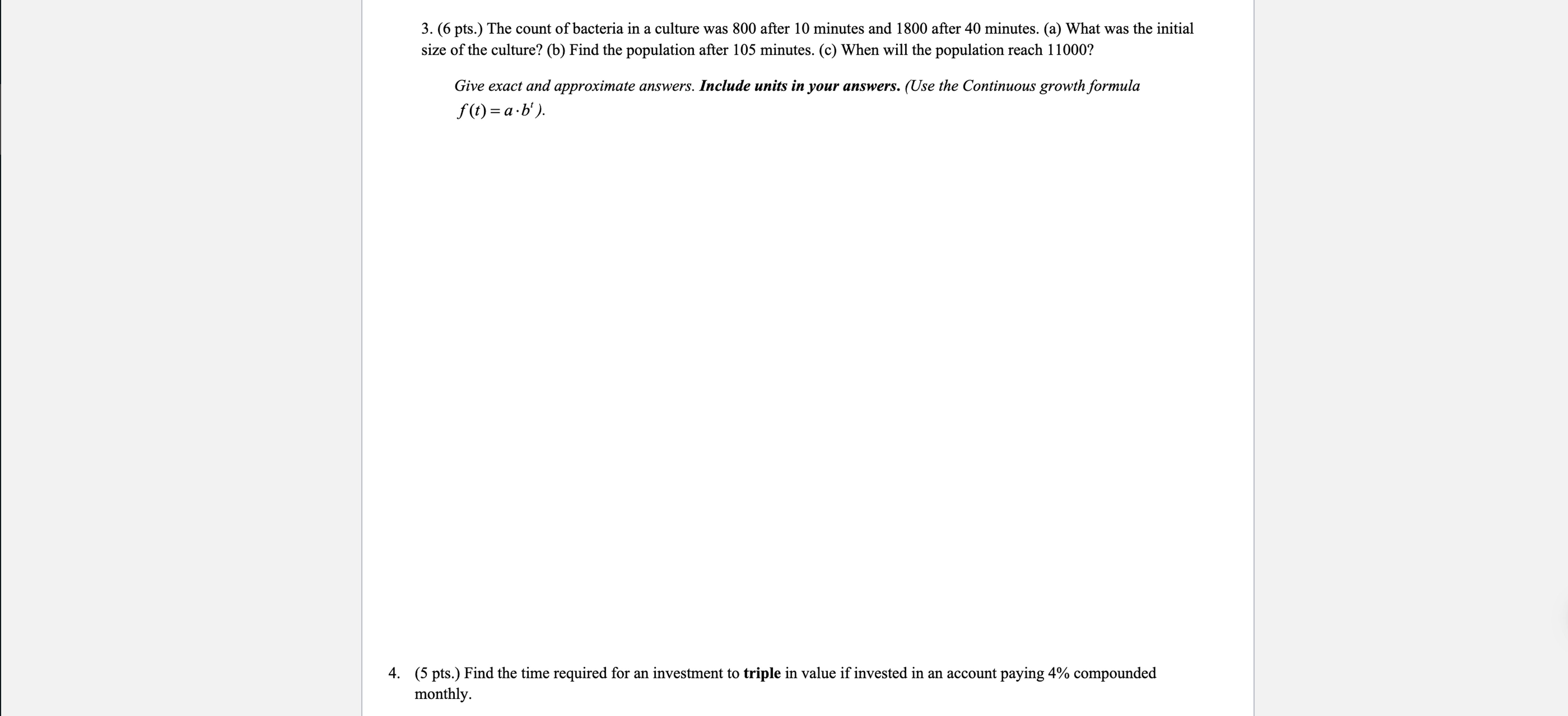 Solved ( 6 ﻿pts.) ﻿The count of bacteria in a culture was | Chegg.com