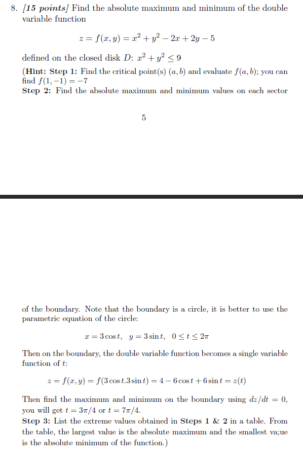 Solved 8. [15 points] Find the absolute maximum and minimum | Chegg.com