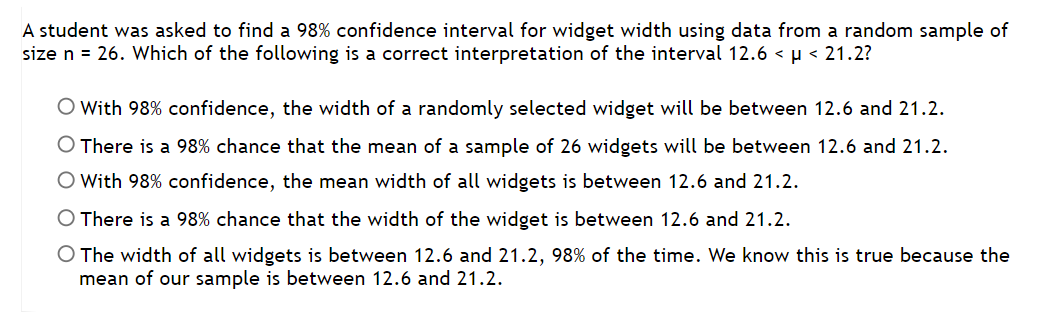 Solved A student was asked to find a 98% confidence interval | Chegg.com