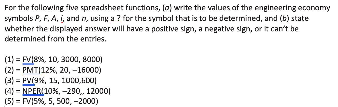For the following five spreadsheet functions, (a) | Chegg.com