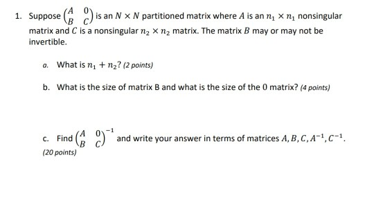 Solved 1. Suppose is an N N partitioned matrix where A is an | Chegg.com