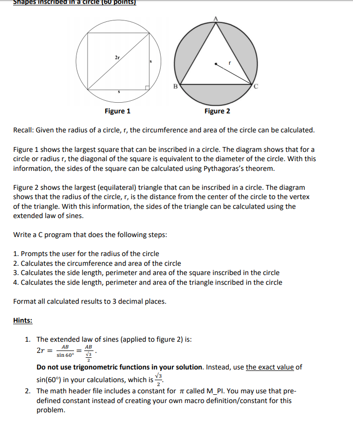 Solved Shapes inscribed in a circle (60 points 2r B Figure 1 | Chegg.com