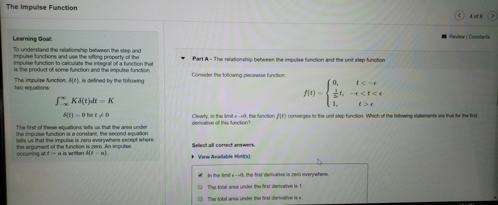 Solved The Impulse Function ③ 4or8 Review Constants Part A - | Chegg.com