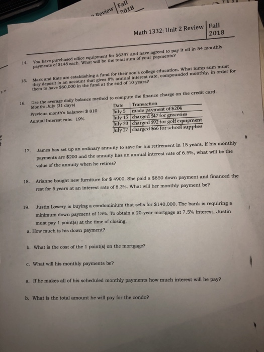 Fall 2018 Review Math 1332: Unit 2 Review Fall 2018 | Chegg.com