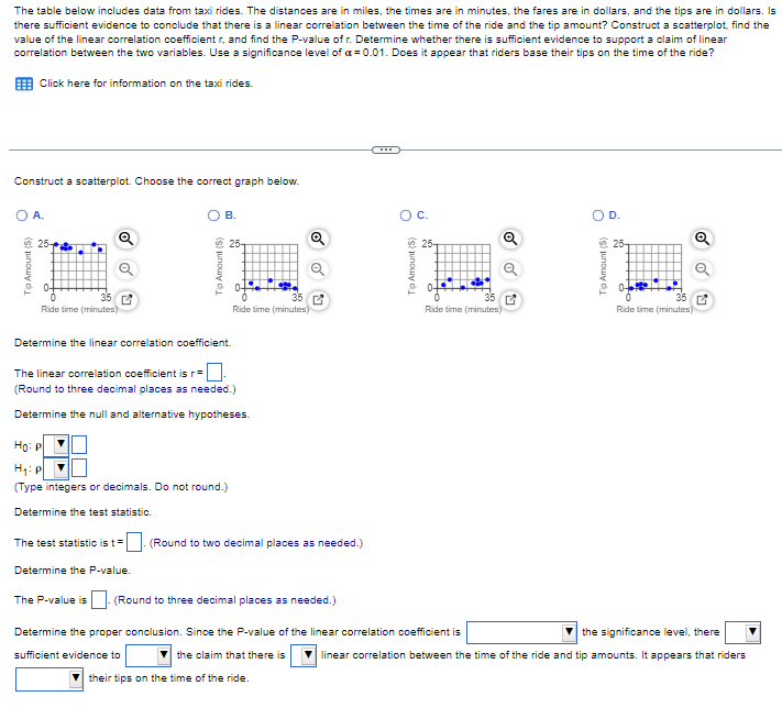 Solved The table below includes data from taxi rides. The | Chegg.com