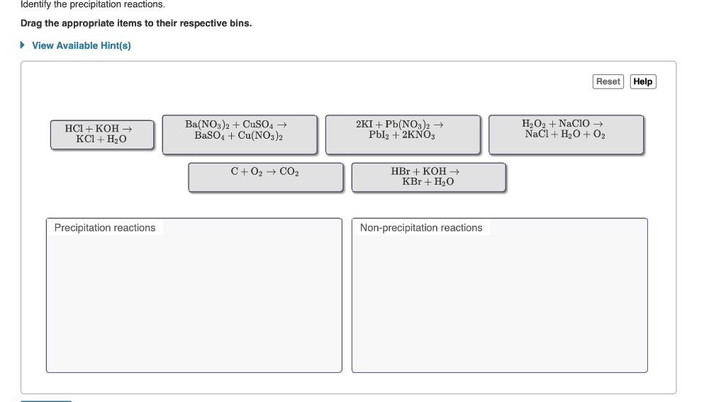 Solved Identify the precipitation reactions. Drag the | Chegg.com