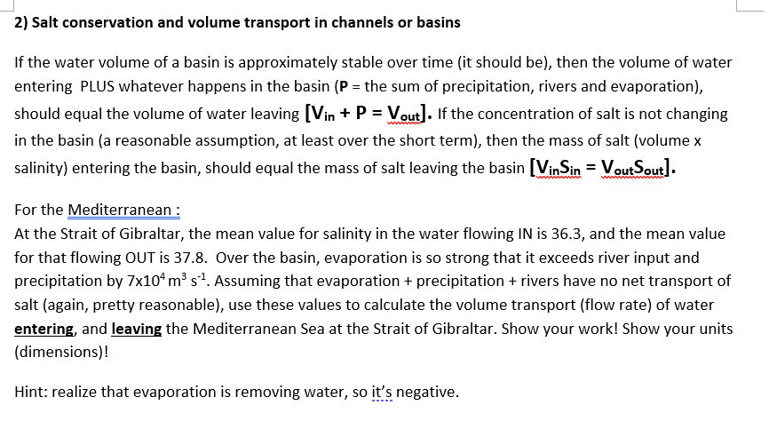 Solved 2) Salt conservation and volume transport in channels | Chegg.com